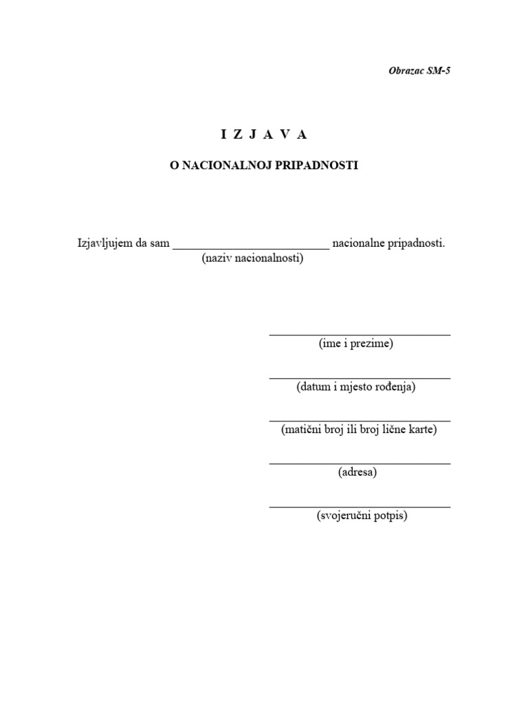 I Z J A V A: O Nacionalnoj Pripadnosti | PDF