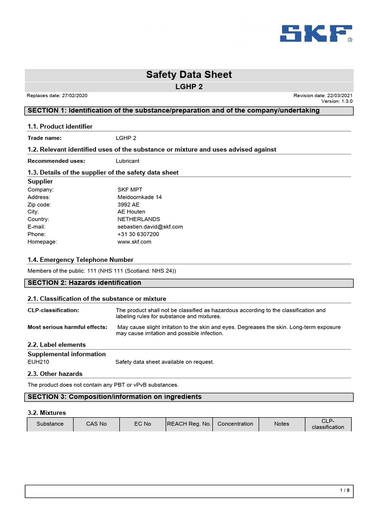 SKF LGHP 2 - MSDS | PDF