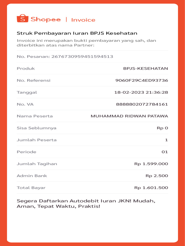 Invoice: Struk Pembayaran Iuran BPJS Kesehatan | PDF