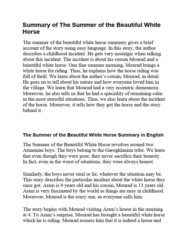 Summary of The Summer of the Beautiful White Horse | PDF