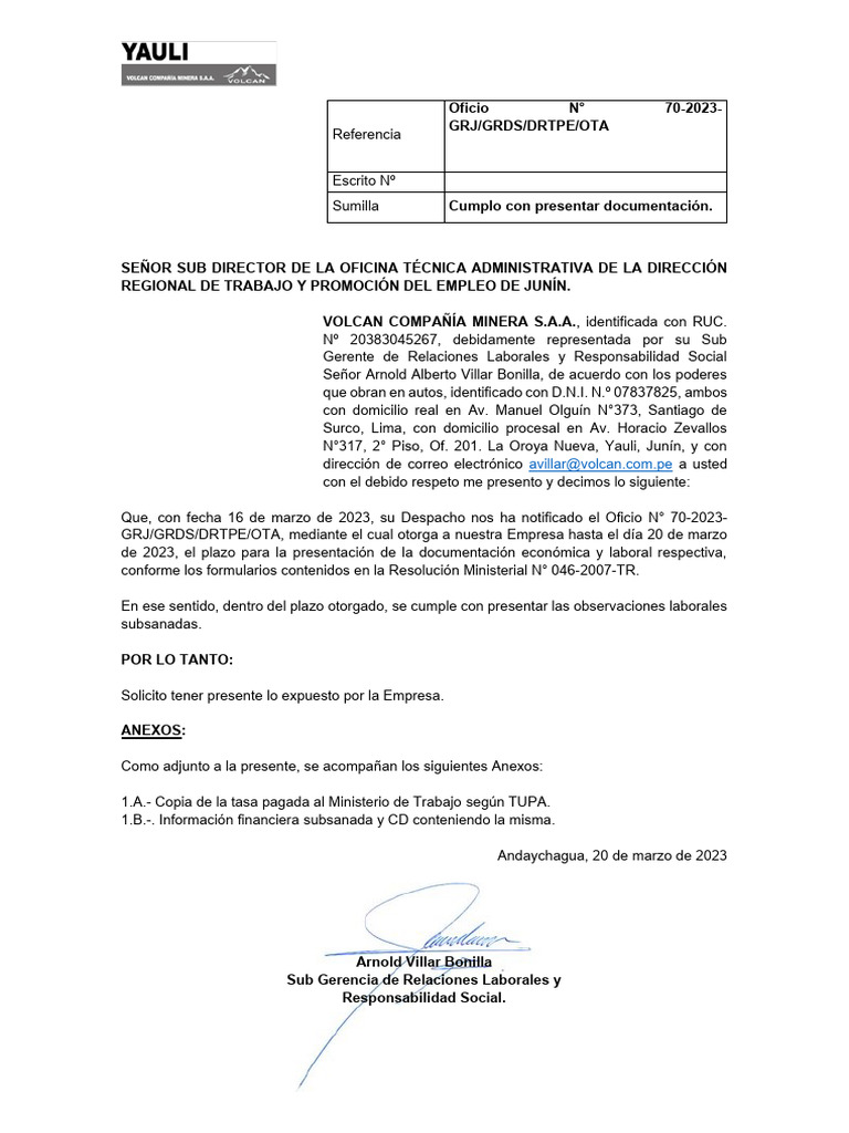 Escrito - Presentación de Documentos - 20.03.2023 | PDF