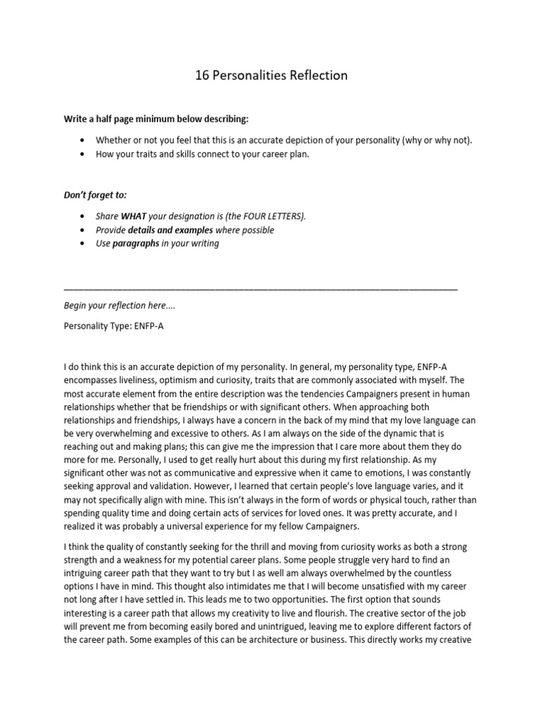 16 Personalities Reflection | PDF | Psychological Concepts | Behavioural Sciences