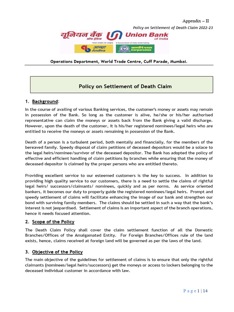 Policy On Settlement of Death Claims | Download Free PDF | Will And ...