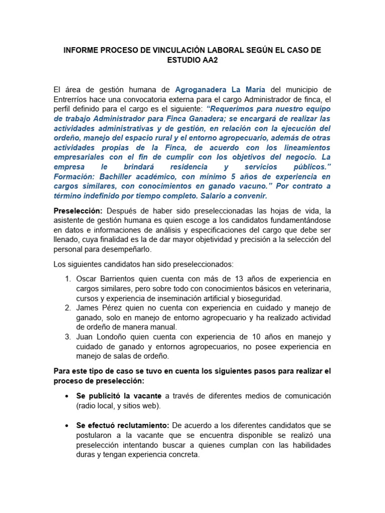 Informe Proceso de Vinculación Laboral Según El Caso de Estudio | PDF | Business | Bienestar
