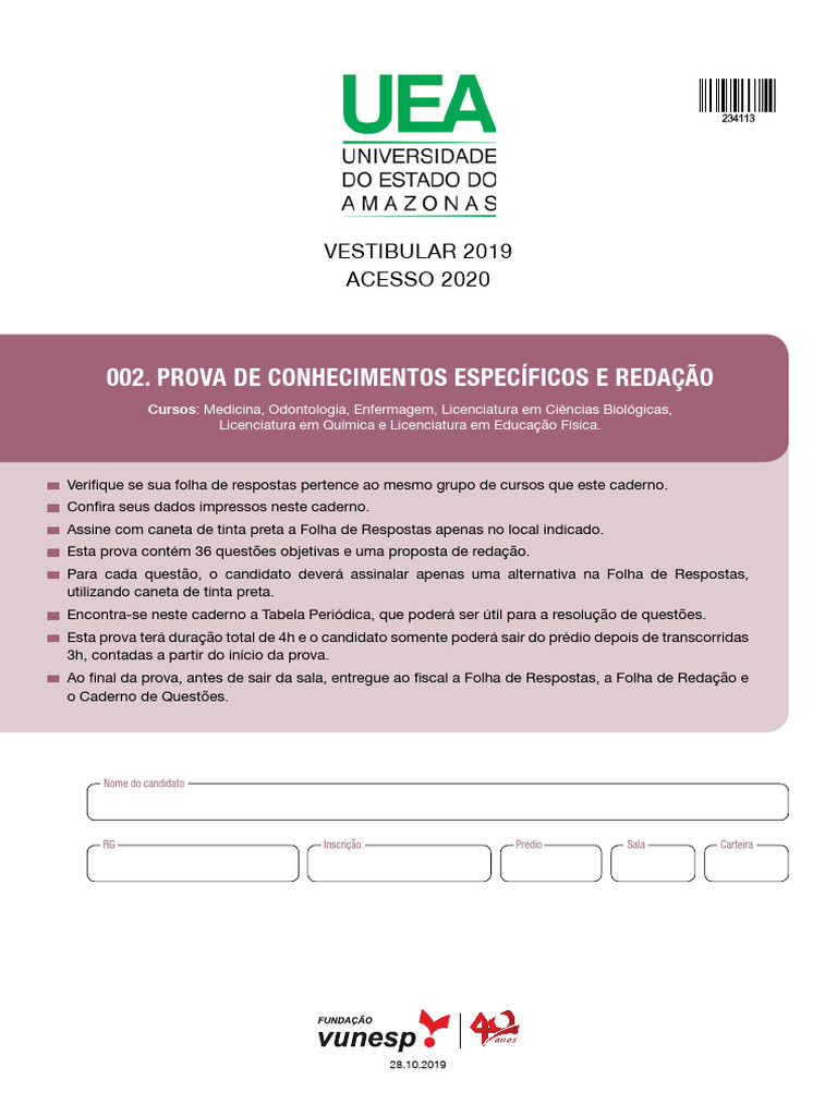 UEA - Conhecimentos Específicos e Redação - Prova II - 2019 | PDF ...