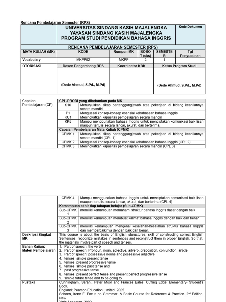 RPS Basic Grammar - Ok | PDF | Karier & Perkembangan | Kajian Bahasa Asing