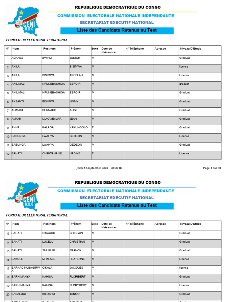 Candidats Retenus au Test Électoral 2023 | PDF