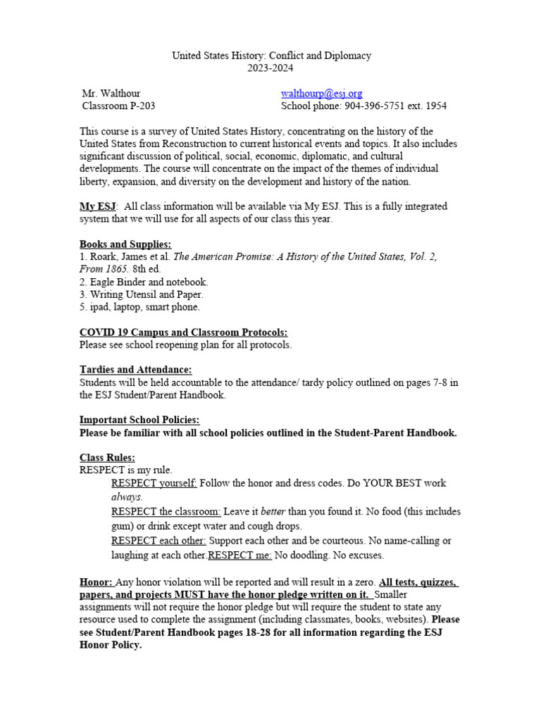 Ushistory Syllabus 2023-2024 | PDF
