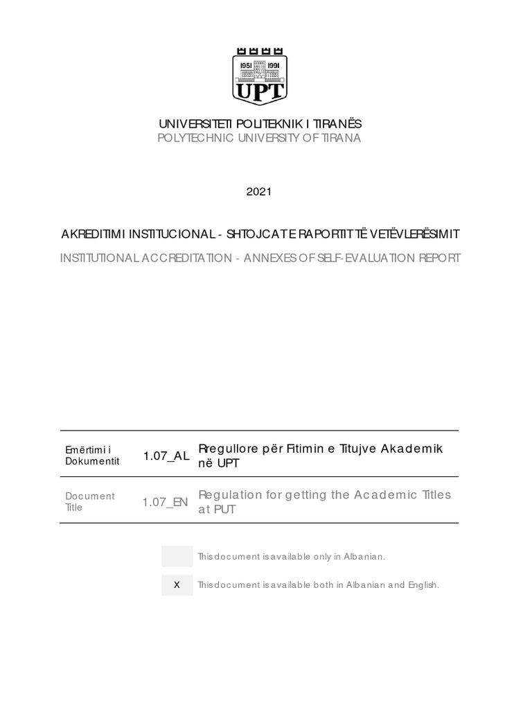Ref.1.07 - AL - Rregullore Për Fitimin e Titujve Akademik Në UPT | PDF