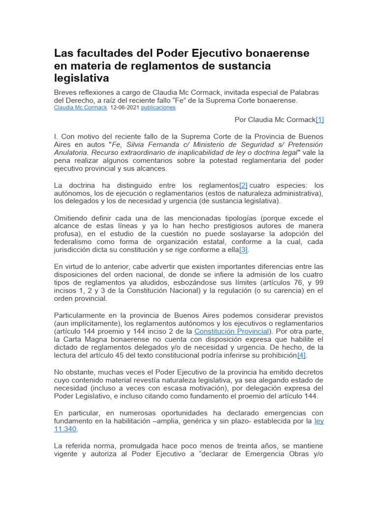 Las Facultades Del Poder Ejecutivo Bonaerense en Materia de Reglamentos de Sustancia Legislativa ...