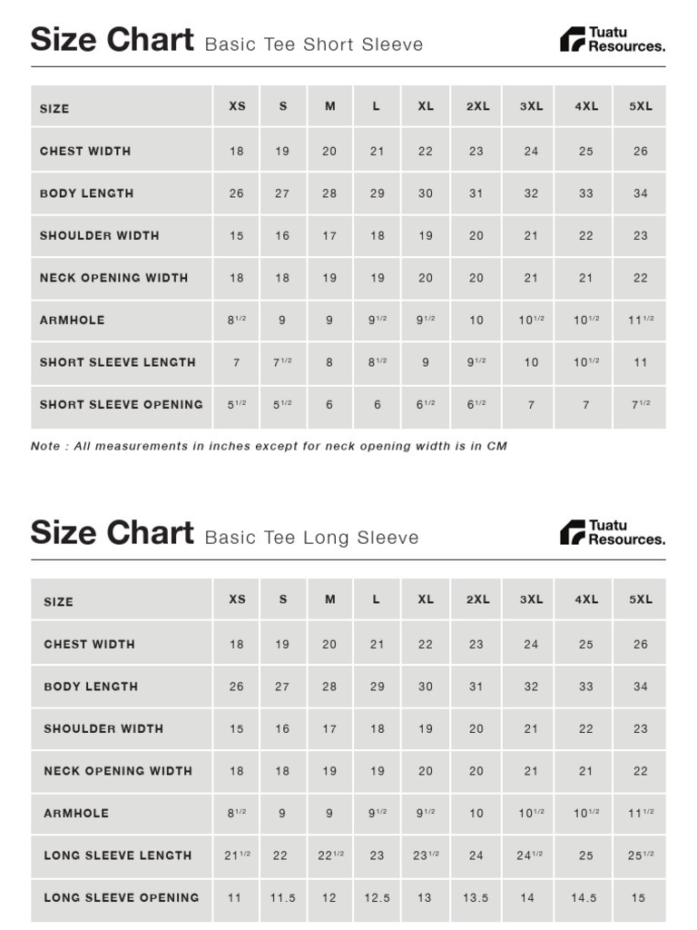 Comprehensive Size Chart for Tees | PDF