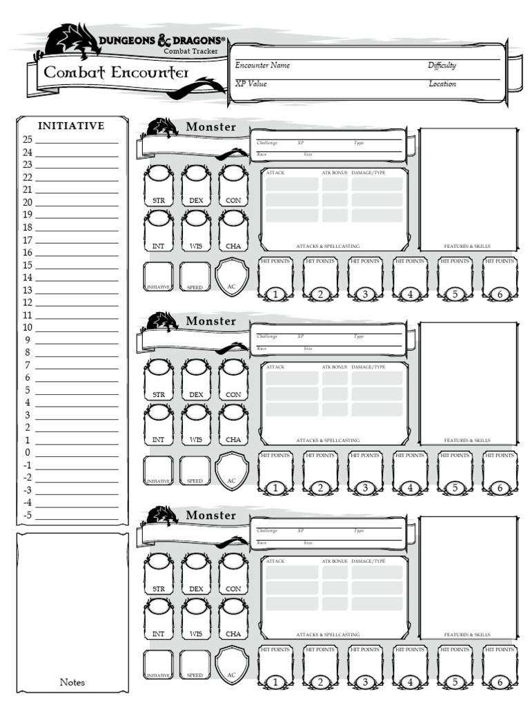 5th Ed Encounter Sheet v2 | PDF | Fantasy Role Playing Games | Role Playing