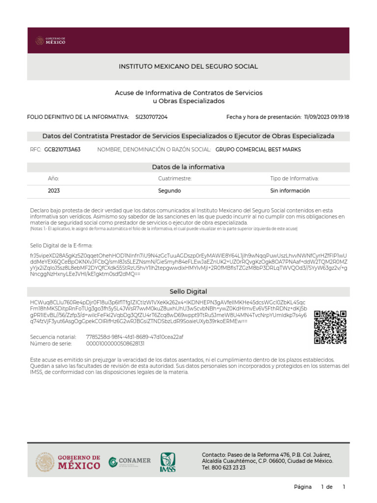 Acuse IMSS: Informativa de Servicios Especializados | PDF