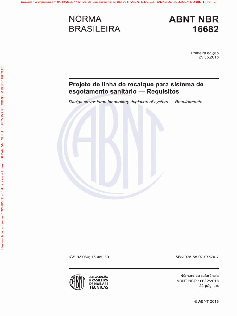 NBR16682 - Projeto de Linha de Recalque para Sistema de Esgoto ...