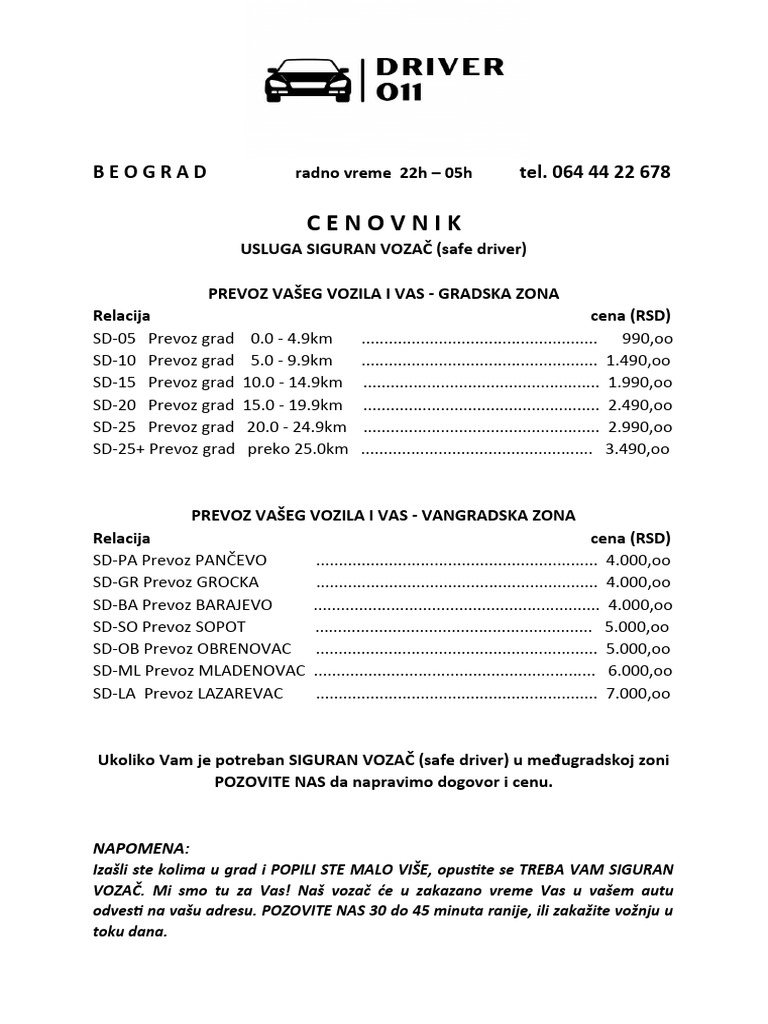 Cenovnik Safe Driver | PDF