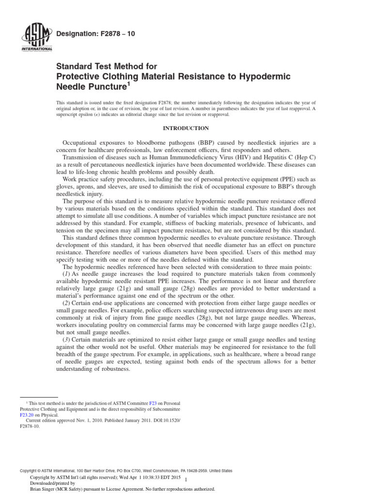 ASTM F2878-10 Protective Clothing Material Resistance To Hypodermic ...