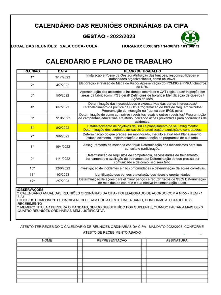 Calendário E Plano De Trabablho Cipa Pdf Planejamento