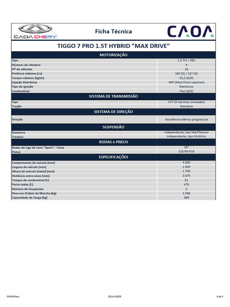 Ficha Tec Tiggo 7 Pro Hybrid Max Drive 23 | PDF