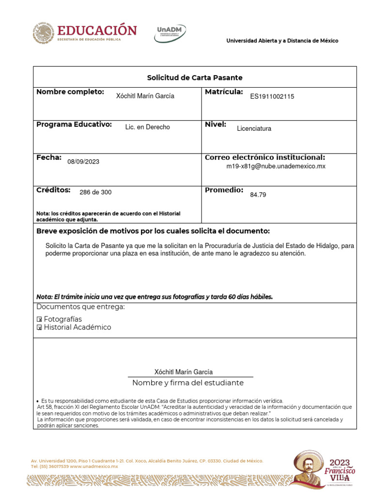 Solicitud Carta de Pasante 2023 | PDF