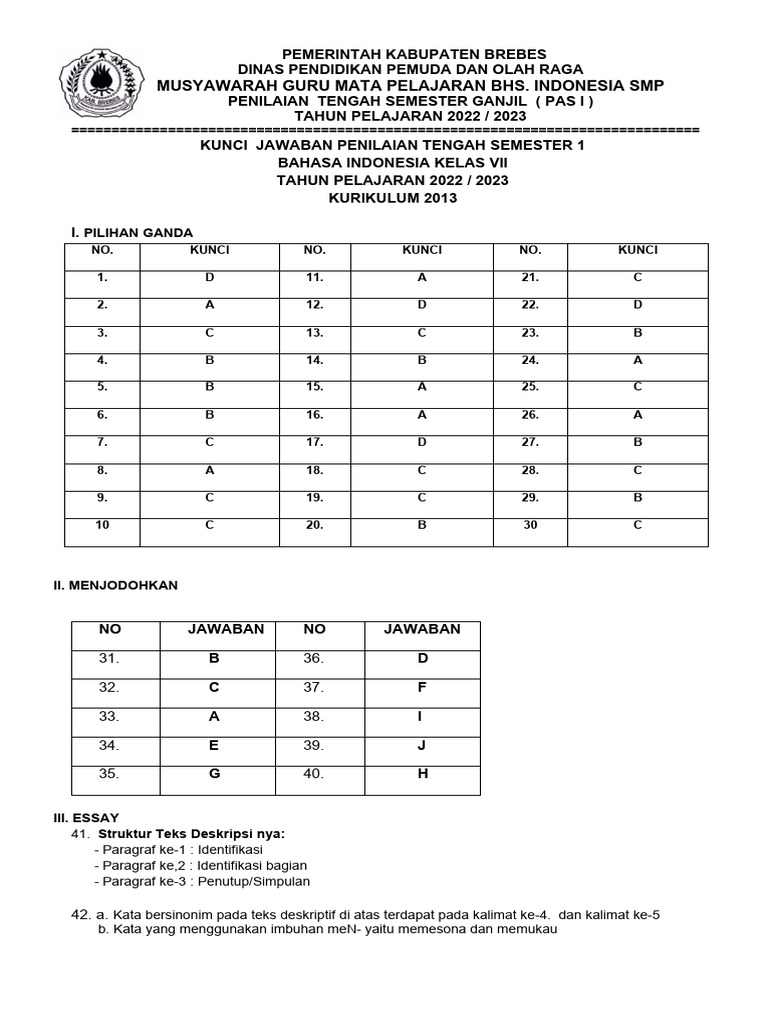 Kunci Jawaban Pts Ganjil Bhs Indo Kls Vii THN Pel 2022 2023 Kurikulum 2013 | PDF