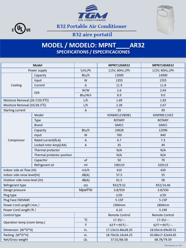 R32 Portable Air Conditioner Specs | PDF | Home Appliance | Energy ...