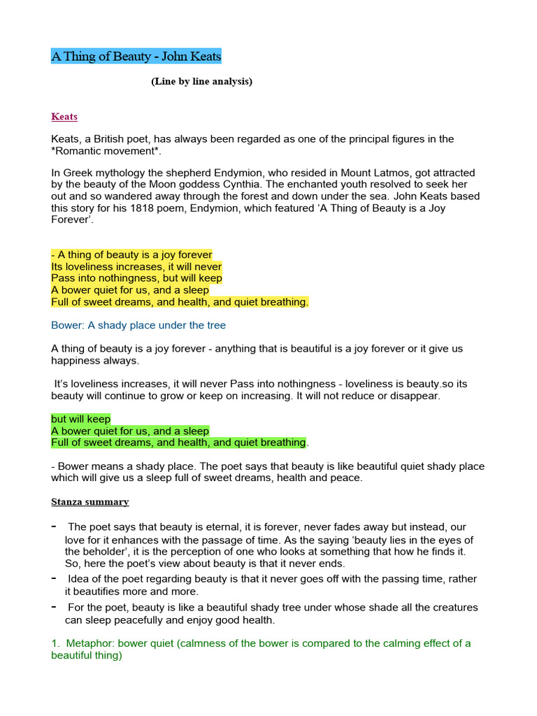 A Thing of Beauty Notes | PDF