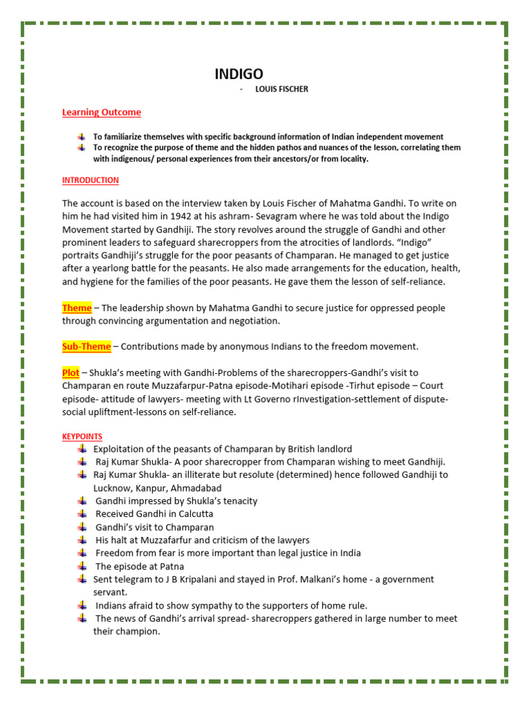 Indigo Notes | PDF | Mahatma Gandhi | British Raj