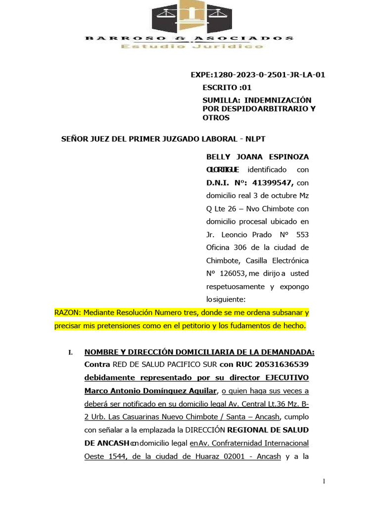 Imdemnización Por Daños y Perjuicios Espinoza Olortigue | PDF | Derecho laboral | Sentencia (ley)
