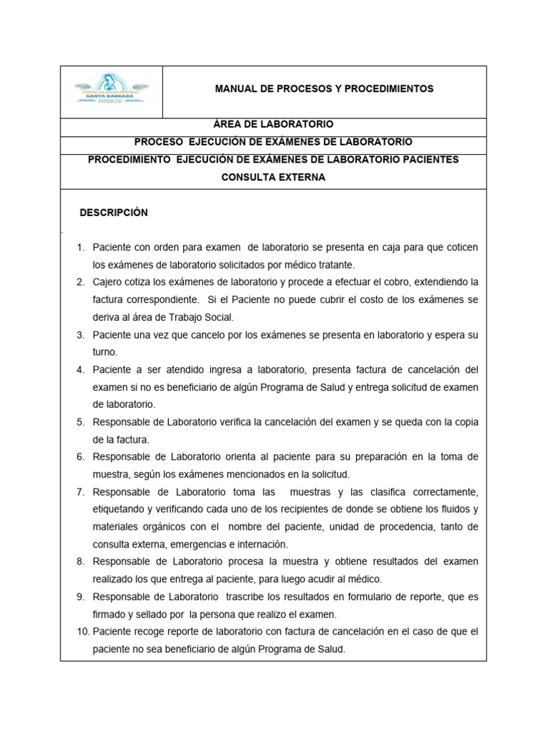 Manual de Procesos y Procedimientos... | PDF | Laboratorios | Historial médico