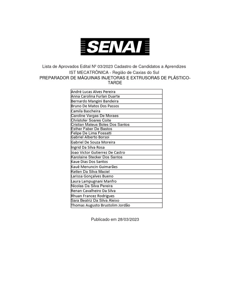 Lista de Aprovados Edital No 03.2023 Cadastro de Candidatos A ...