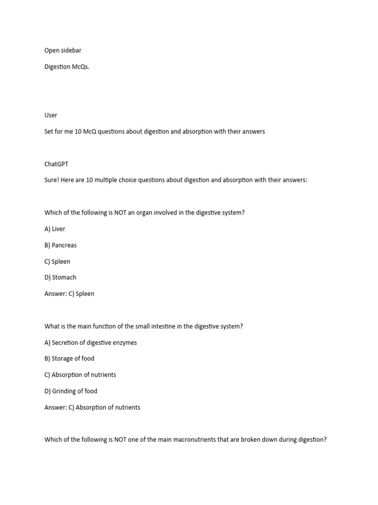 MCQ Answers | PDF | Digestion | Human Digestive System