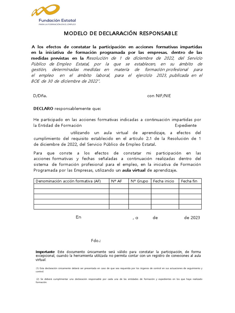 Modelo Declaración Responsable Asistencia Aula Virtual 2023 | PDF