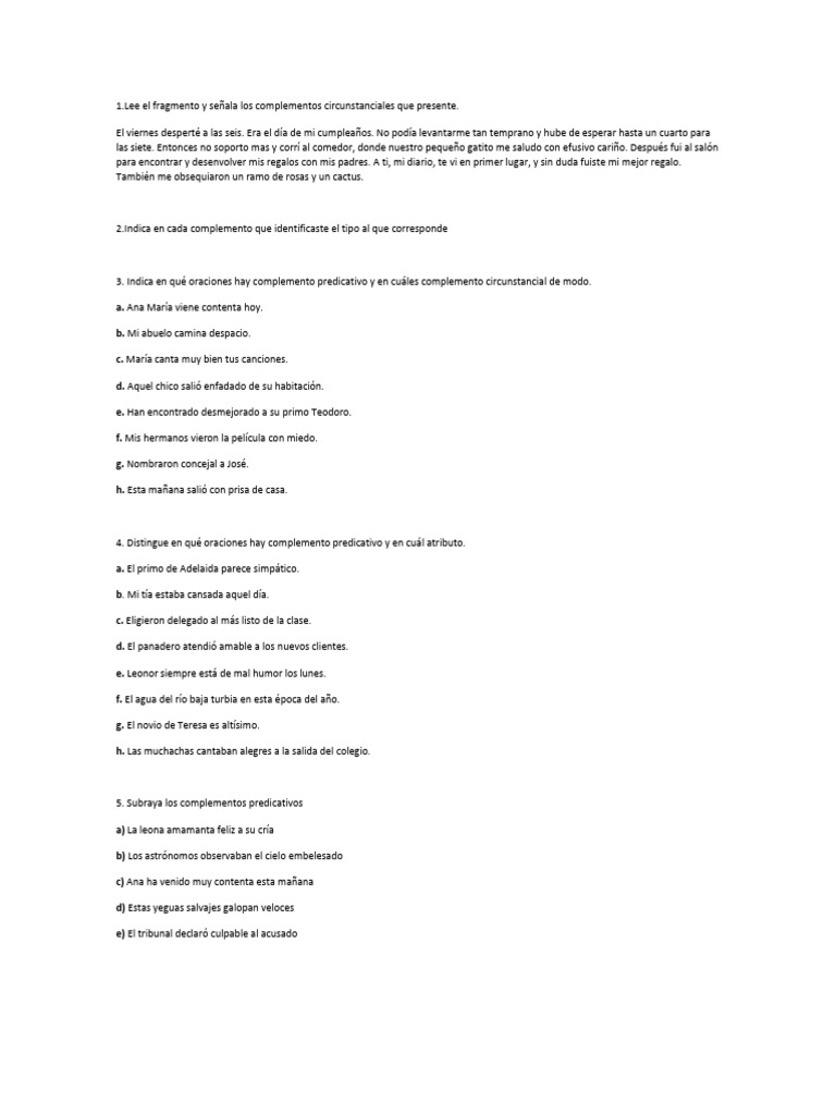 Taller Los Complementos Del Predicado | PDF