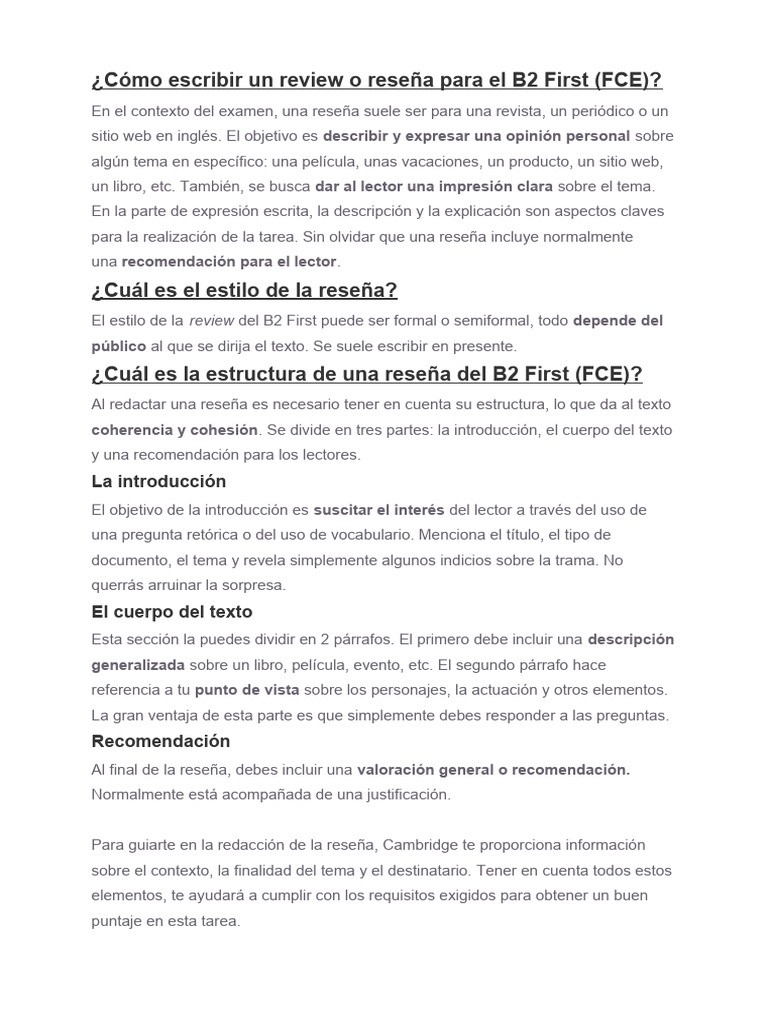 Cómo Escribir Un Review o Reseña para El B2 First | PDF | Idiomas del ... Cómo Escribir Un Review o Reseña para El B2 First | PDF | Idiomas del ...