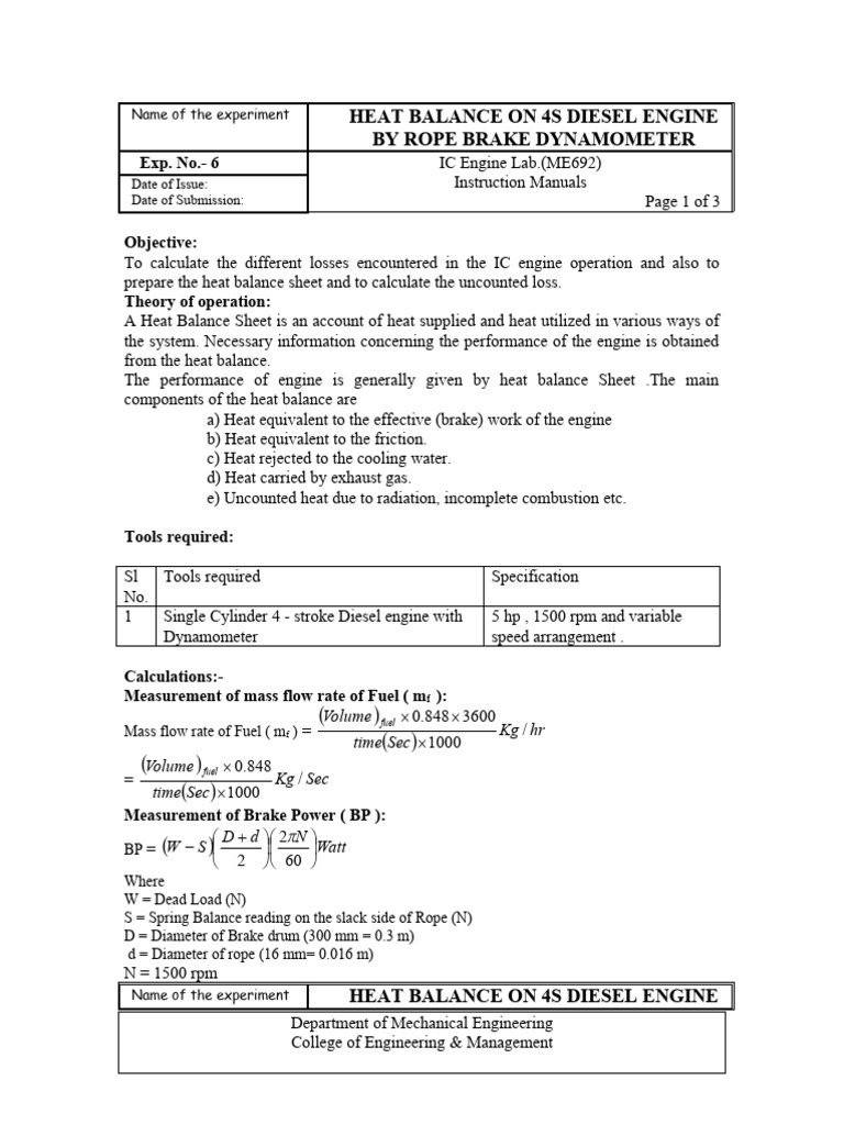 Heat Balance Diesel Rope Brake-6 | PDF | Engines | Diesel Engine