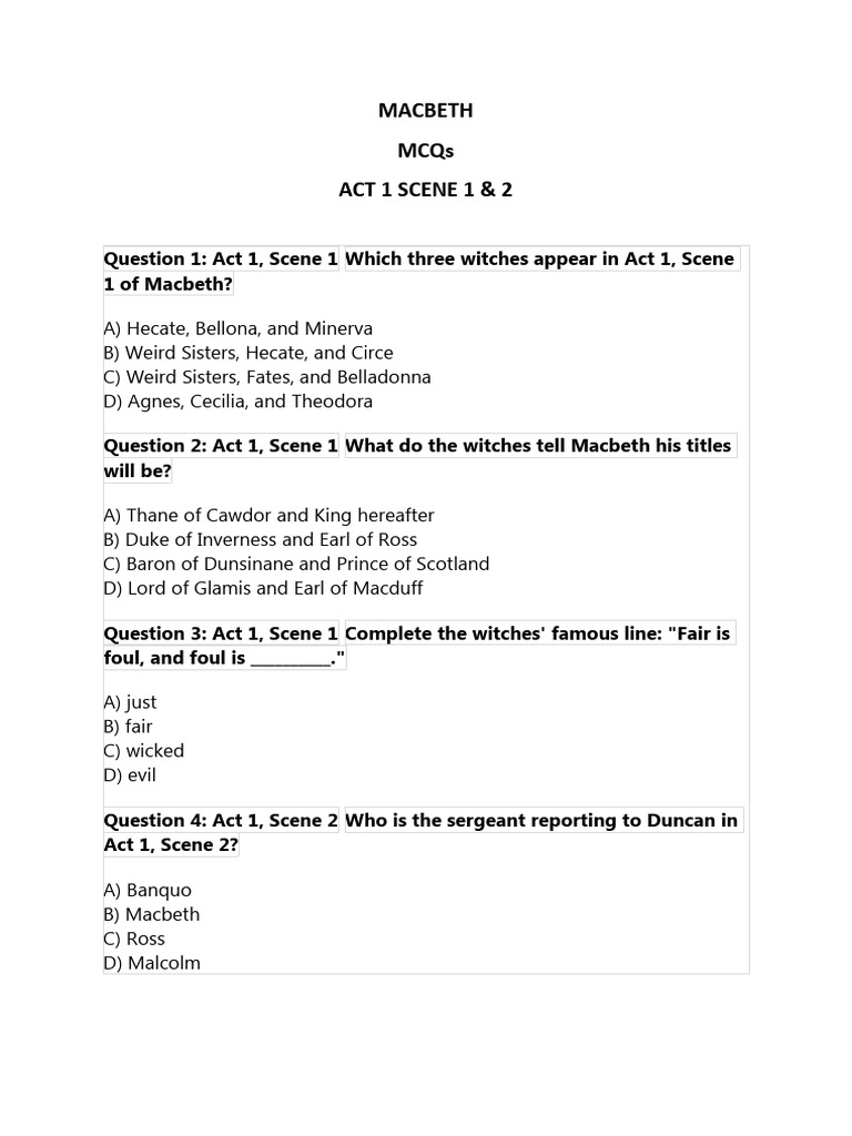 Macbeth MCQ | PDF | Macbeth | Shakespearean Tragedies