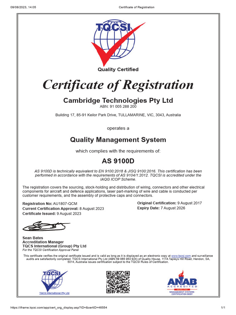 Cambridge Technologies AS9100D Certificate 7 August 2026 | PDF | Manufactured Goods | Electrical ...
