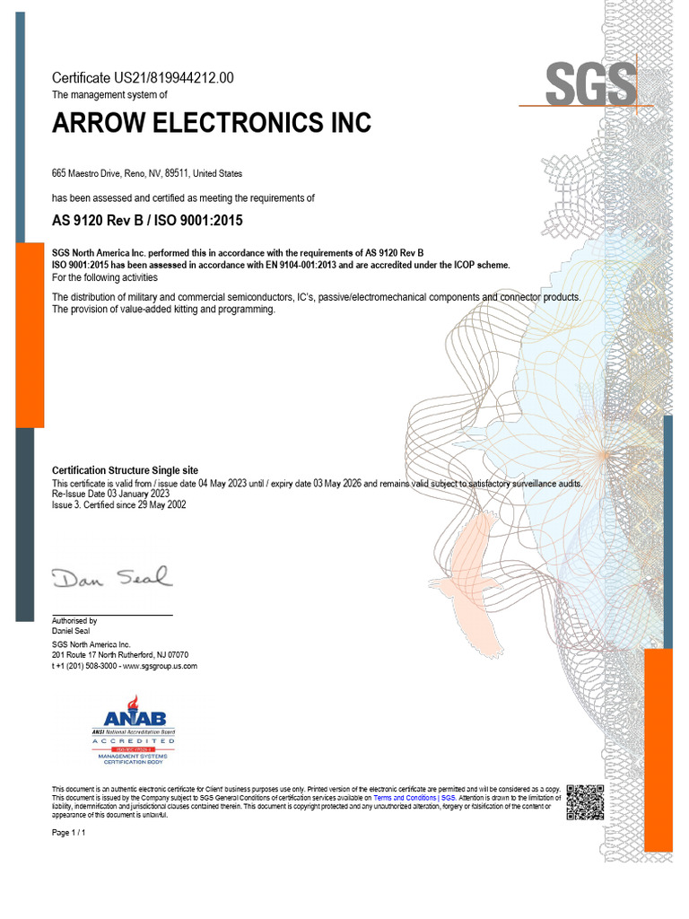 Arrow Electronics - Reno AS9120 ISO9001 - 819944212 - Exp 5 3 26 | PDF