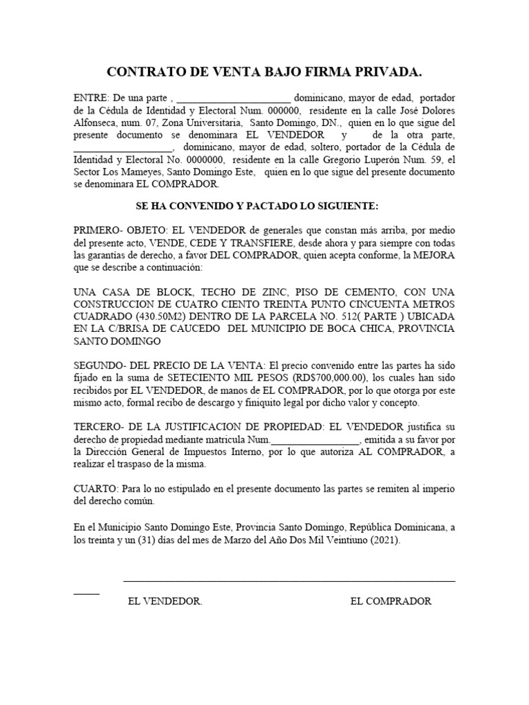 Contrato de Venta Bajo Firma Privada Borron | PDF | República Dominicana | Justicia