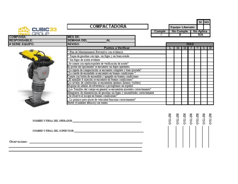 Checklist Compactadora | PDF | Motor de combustión interna | Máquinas