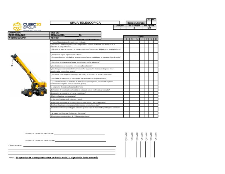 Checklist de Grua Telescopica | PDF | Ingeniería mecánica | Bienes manufacturados