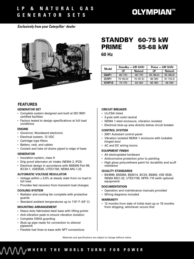 Olympian G60F1 G75F1 Spec Sheet | PDF | Electric Generator | Electrical Wiring