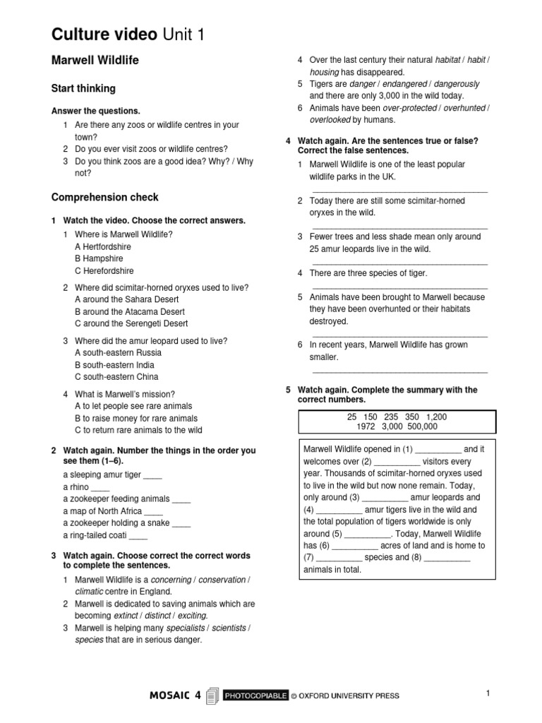 Unit 1 Culture Video Worksheet | PDF | Zoo | Wildlife