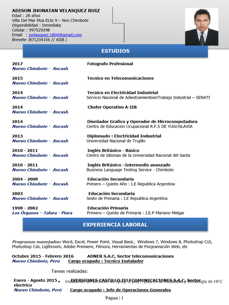Curriculum Vitae - Adison Velasquez | PDF | Electricista | Informática