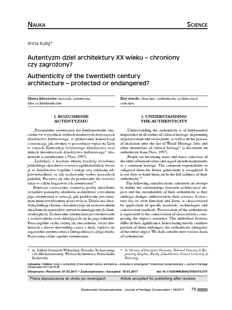 Anna Kulig Autentyzm Dzieł Architektury XX Wieku - Chroniony Czy ...