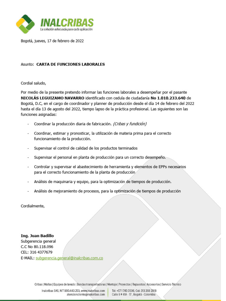 Carta de Funciones Laborales | PDF
