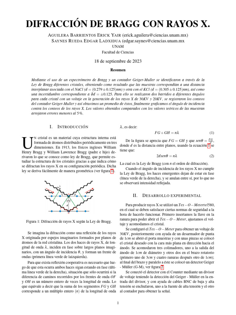 Difracción de Bragg Con Rayos X | Descargar gratis PDF | Cristalografía de rayos X | Rayo X