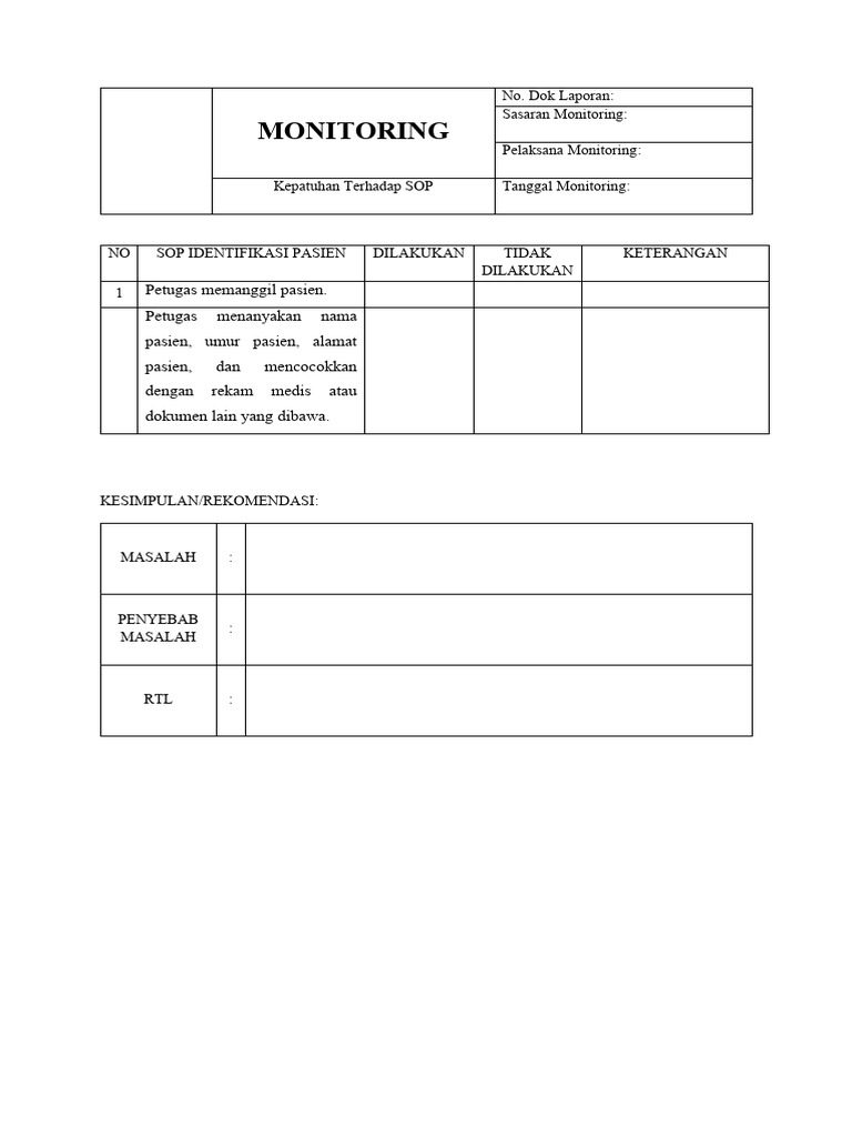 Monitoring SOP Poli KIA - Identifikasi Pasien Contoh | PDF
