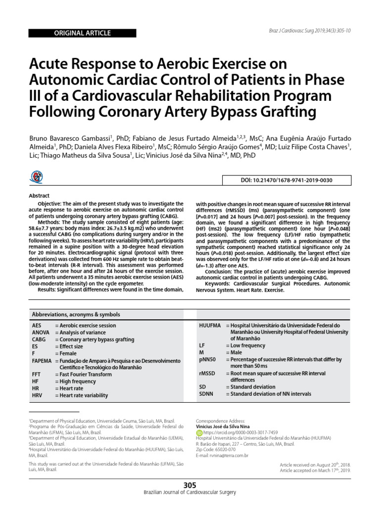 Acute Response Aerobic Exercise Following Cabg | PDF | Coronary Artery Bypass Surgery | Heart Rate