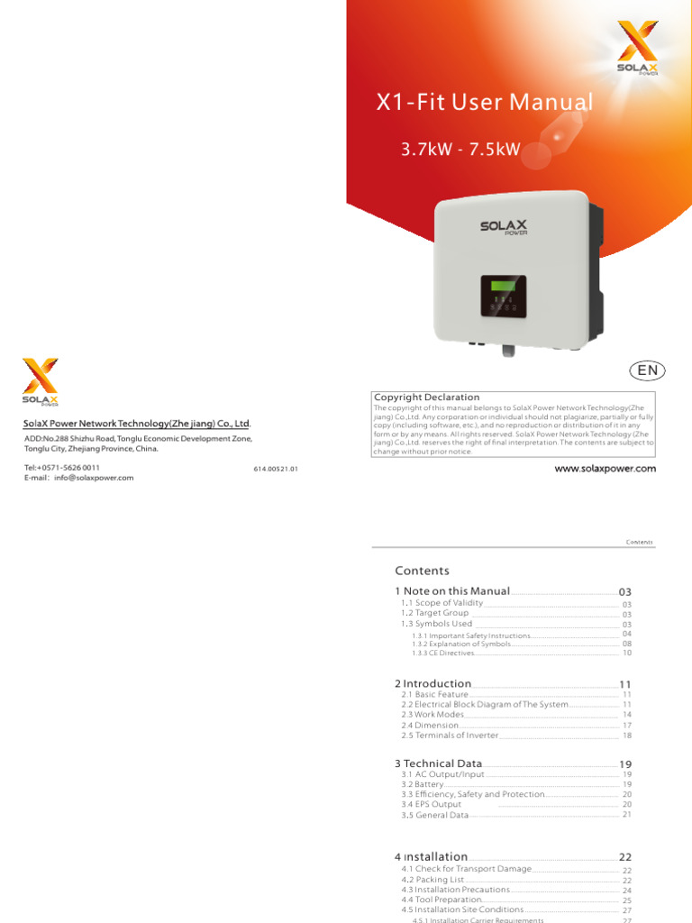 Solax - User - Manual x1 Fit g4 3.7 7.5kw | PDF | Power Inverter | Photovoltaics